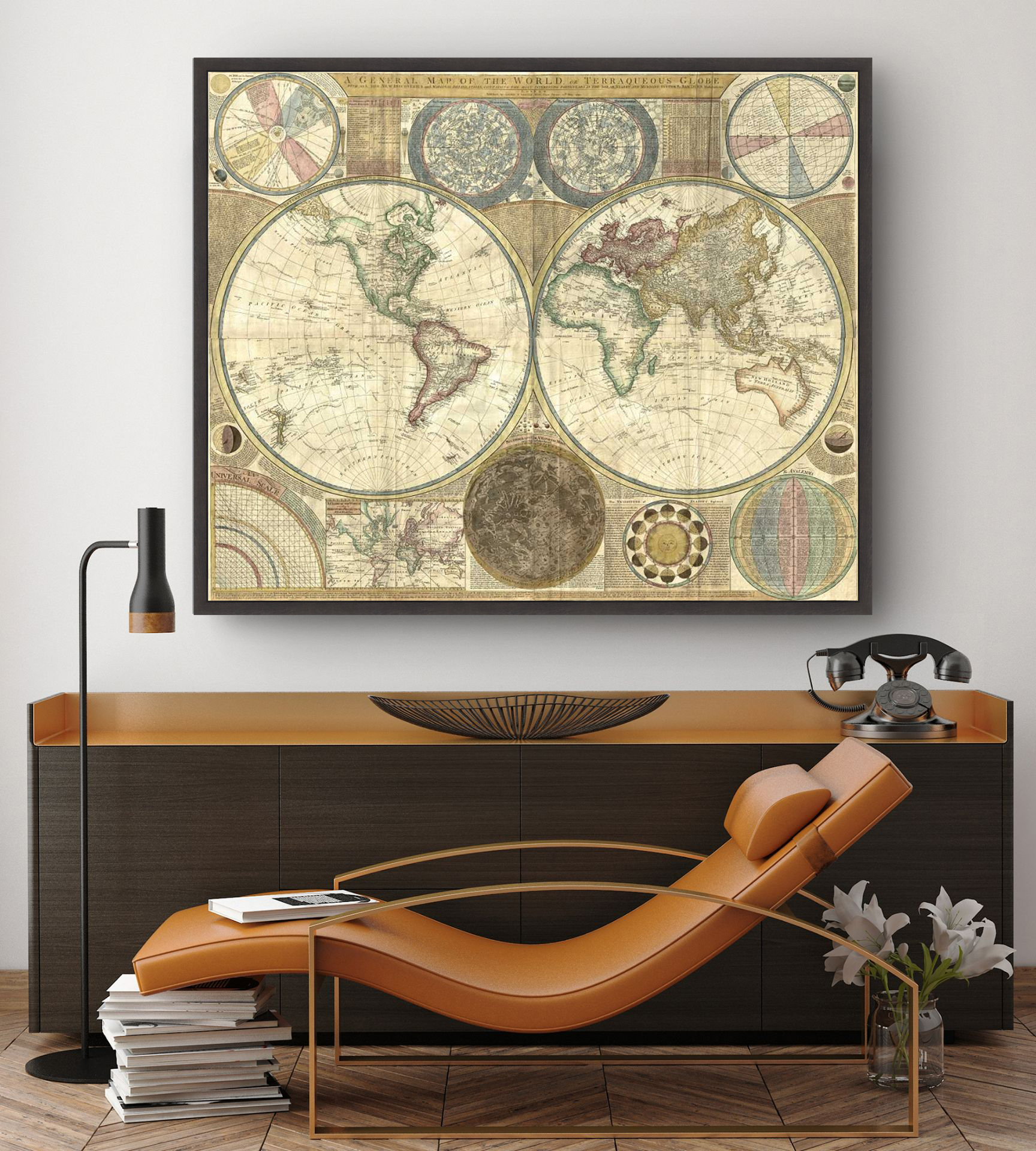 Select Art. Double Hemisphere Map of the World 1794 by Samuel Dunn